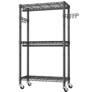 Heavy Duty Clothes Rack Rolling Garment Rack,3 Tier Adjustable Wire Shelving Clothing Racks for Hanging Clothes with Double Rods&Side Hooks,Freestanding Wardrobe Storage Rack Metal Portable Closet