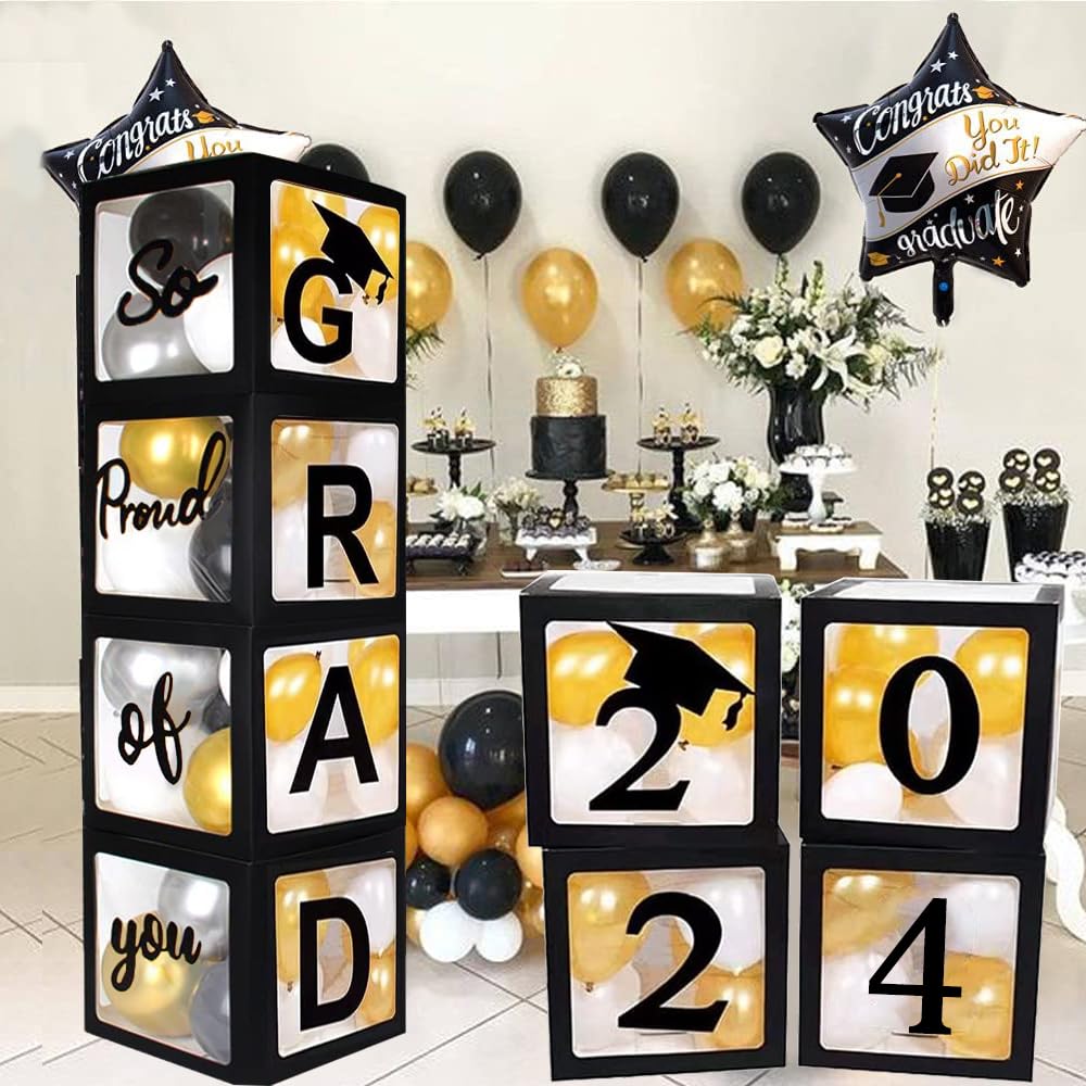 2024 Graduation Party Decoration Black Balloon Boxes with Letters 2024 Grad & So Proud of You and 20 pcs Ballons…