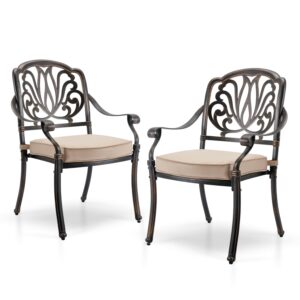 patio dining chairs set of 2, elizabeth outdoor cast aluminum patio chairs weather resistant with thicker cushions for patio deck garden…