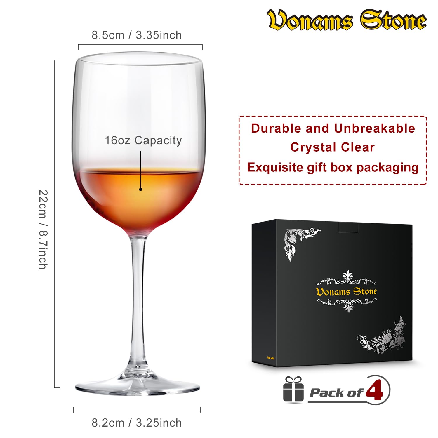 Vonams Stone Unbreakable Wine Glasses 16oz - Shatterproof, Reusable, Drink Glassware (Set of 4) For Indoor Outdoor Drinkware Travel, Pool, Camping, Beach, Picnic