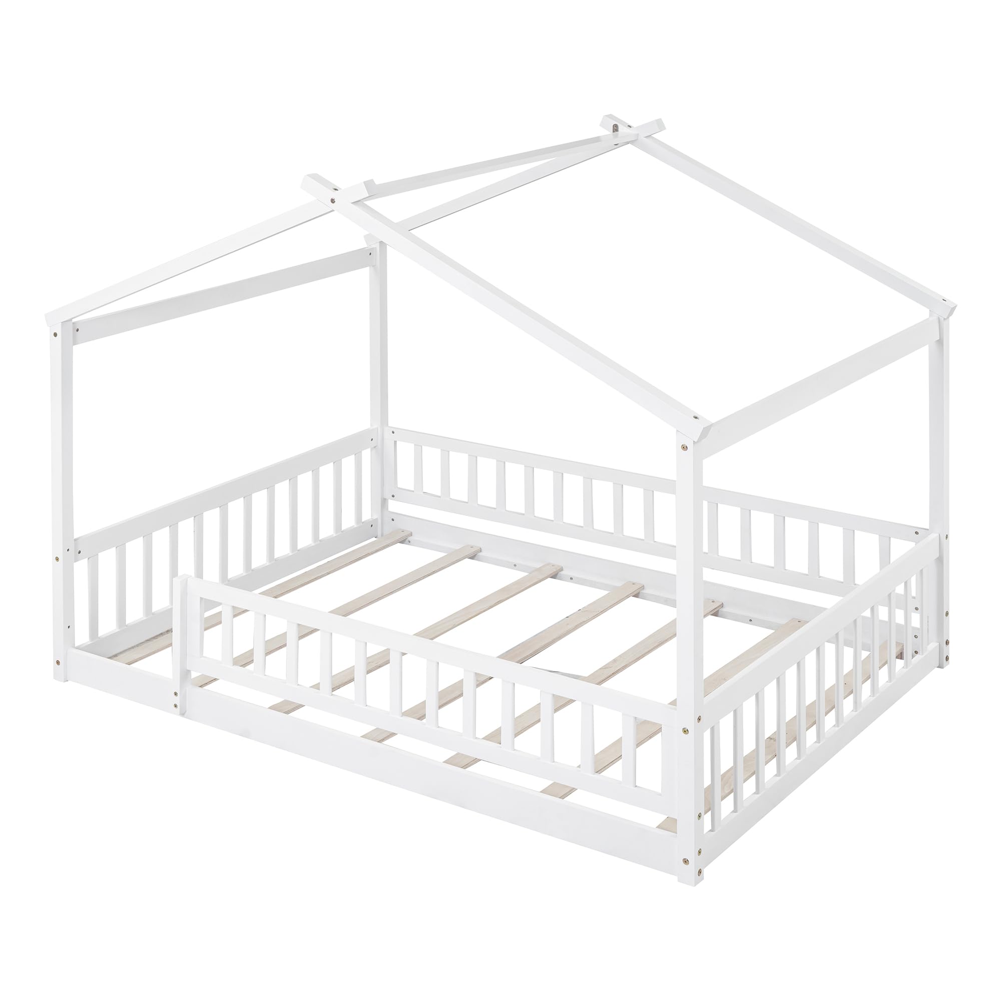 Harper & Bright Designs Full House Bed with Rails,Full Floor Bed for Kids,Full Size Montessori Bed Frame with Support Slats,Wooden Kids Full Playhouse Beds for Boys Girls(White)