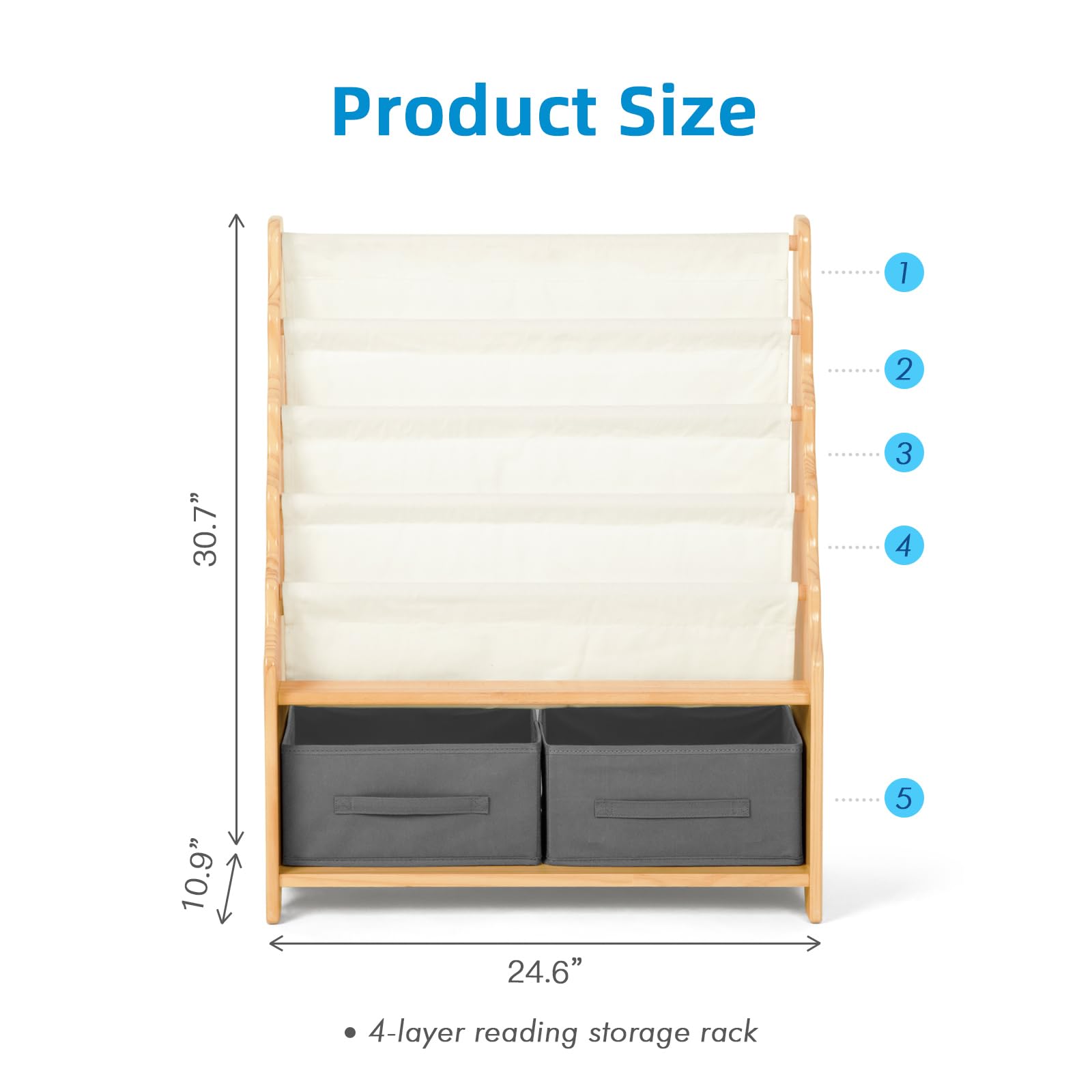 OOOK Solid Wood Kids Bookshelf, 27.6" L x 11" W x 34" H Toddler Montessori Bookshelf Equipped with 4 Sling Bookshelf, 2 Toy Organizer Shelves and Storage Boxes, Nice Book Shelf for Kids Rooms, Nursery