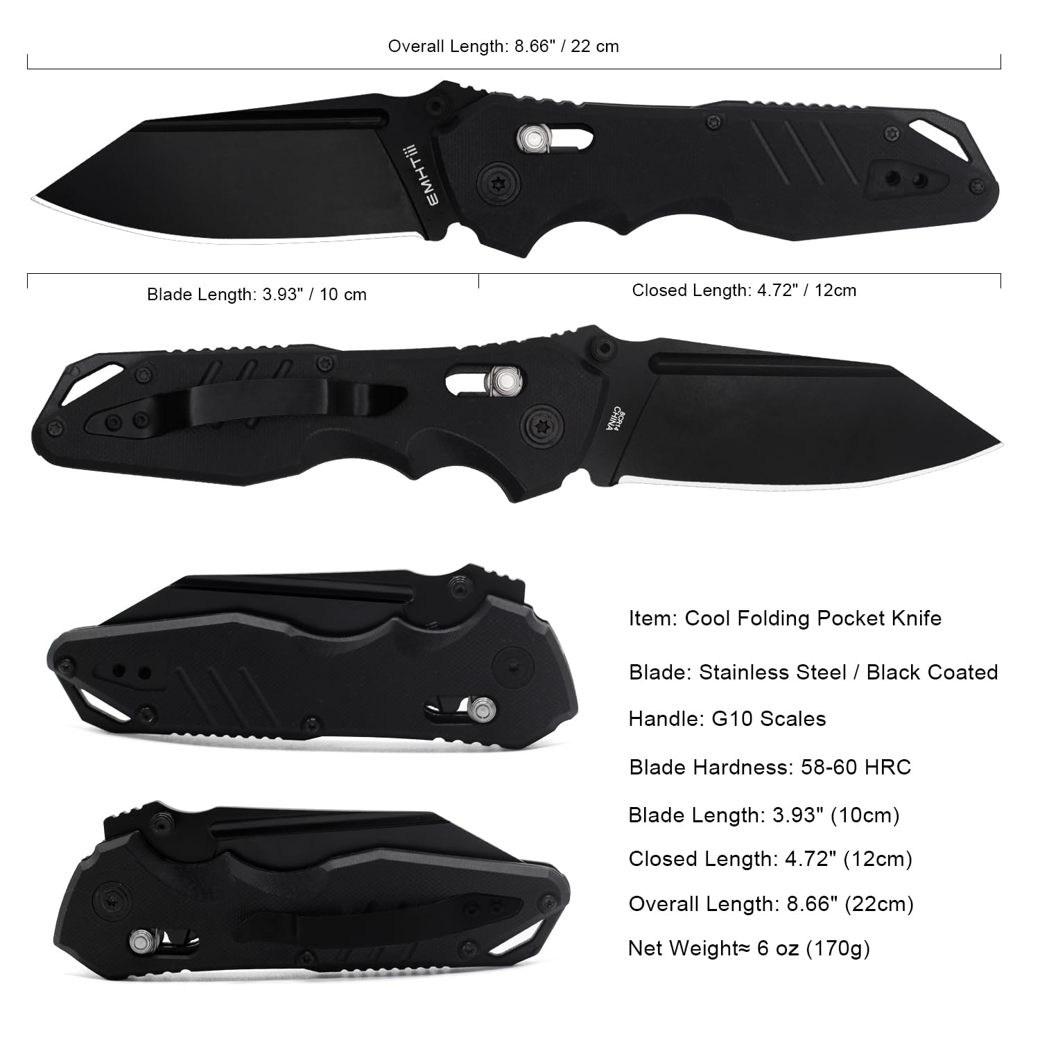 EMHTiii Pocket Folding Knife for Men: 3.93" Stainless Steel All Black Blade, Axis Lock, G10 Scales with Clip, EDC Knives Great for Outdoor, Camping, Hiking, EMH01N