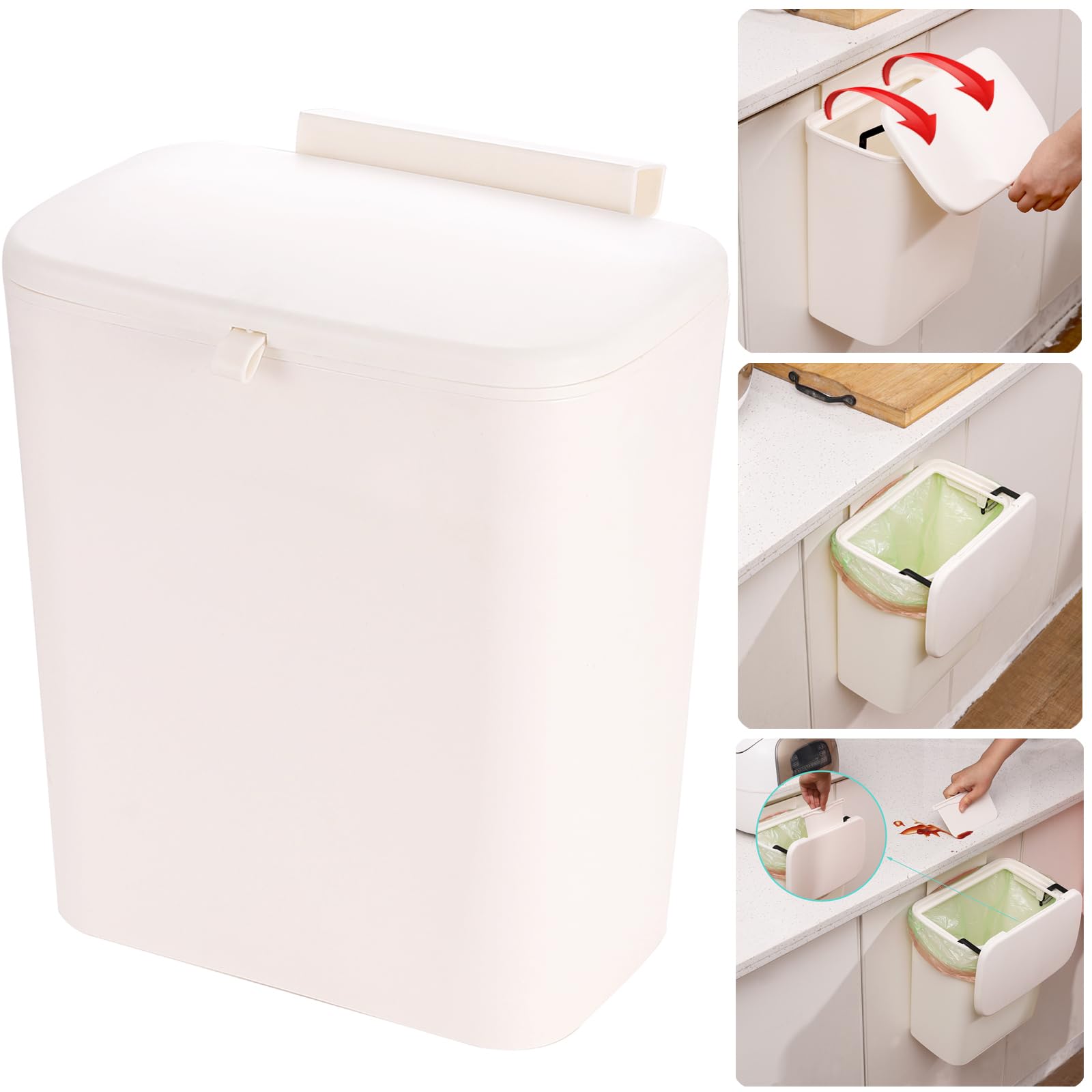 SuoXing 2.4 Gallon Hanging Trash Can for Cabinet Door,9L Hanging Kitchen Trash Can with Lid,Plastic Wall Mounted Garbage Can and Food Waste Bin for Kitchen Countertop,White