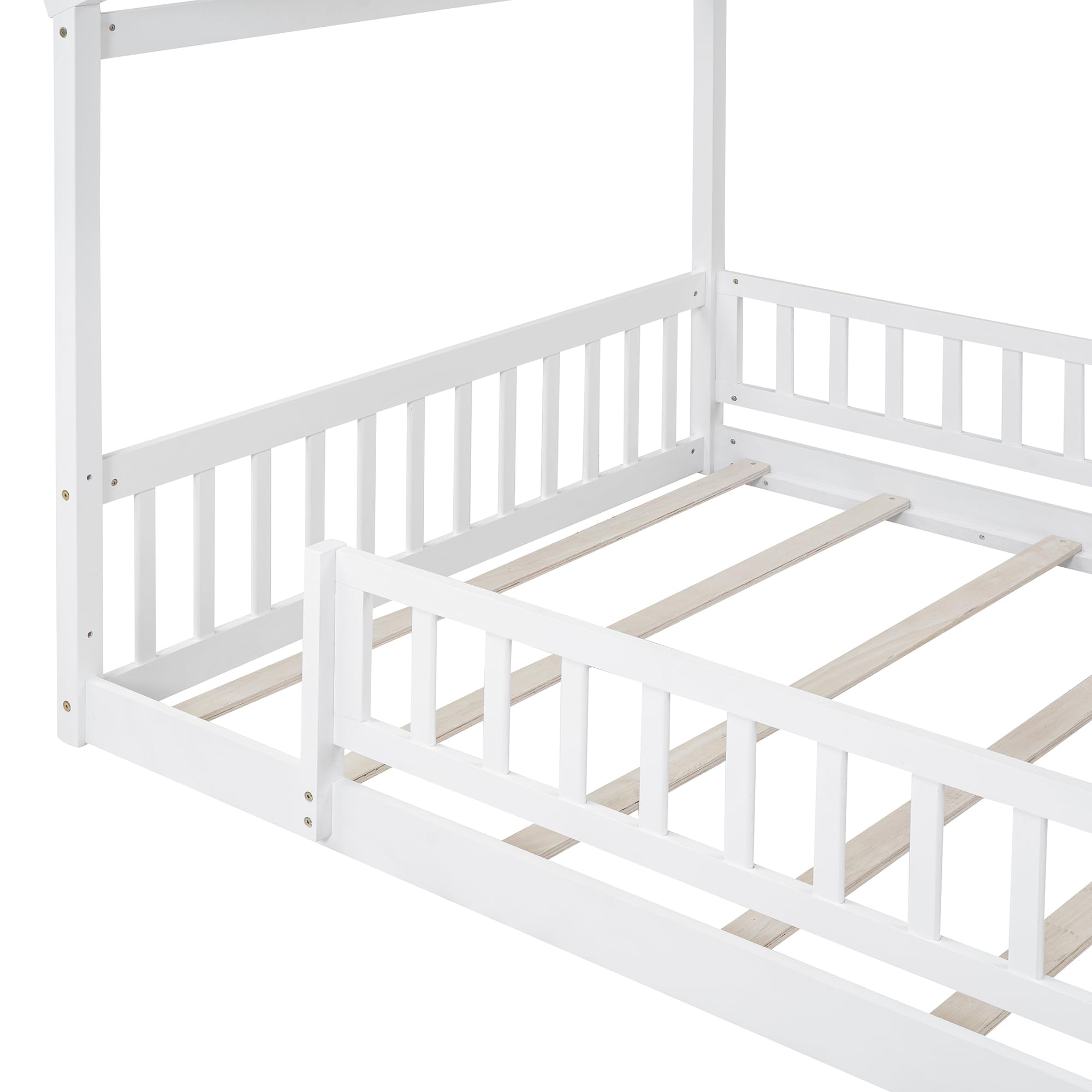 Harper & Bright Designs Full House Bed with Rails,Full Floor Bed for Kids,Full Size Montessori Bed Frame with Support Slats,Wooden Kids Full Playhouse Beds for Boys Girls(White)