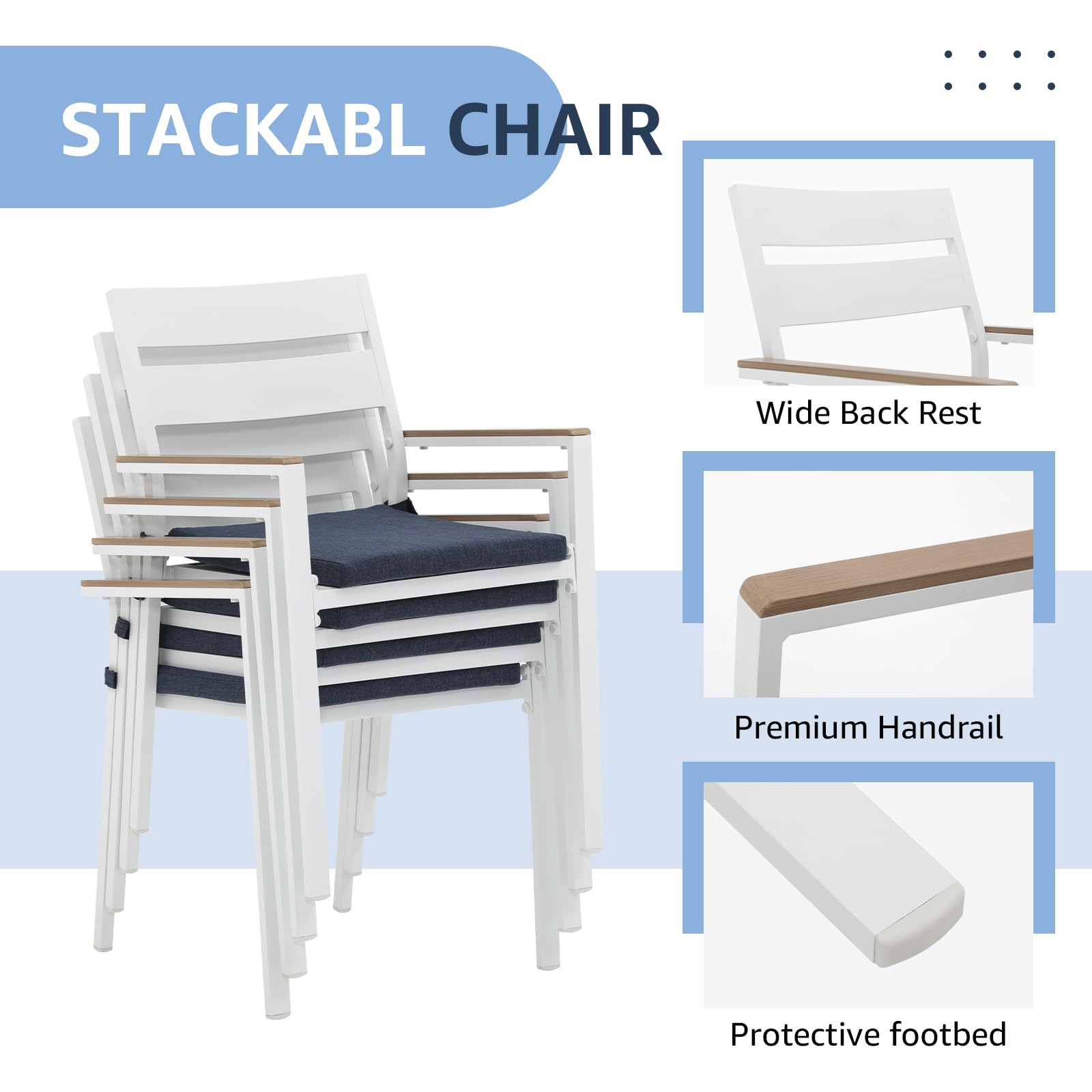 OC Orange-Casual Stackable Patio Chairs Set of 4, Outdoor Indoor Aluminum Dining Chairs w/Armrest & Cushion for Porch Backyard Garden, All-Weather Resistant, White Finish & Dark Blue Cushion