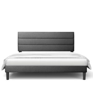 bonsoir queen size grey color modern low profile upholstered bed frame with tufted headboard