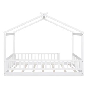 Harper & Bright Designs Full House Bed with Rails,Full Floor Bed for Kids,Full Size Montessori Bed Frame with Support Slats,Wooden Kids Full Playhouse Beds for Boys Girls(White)