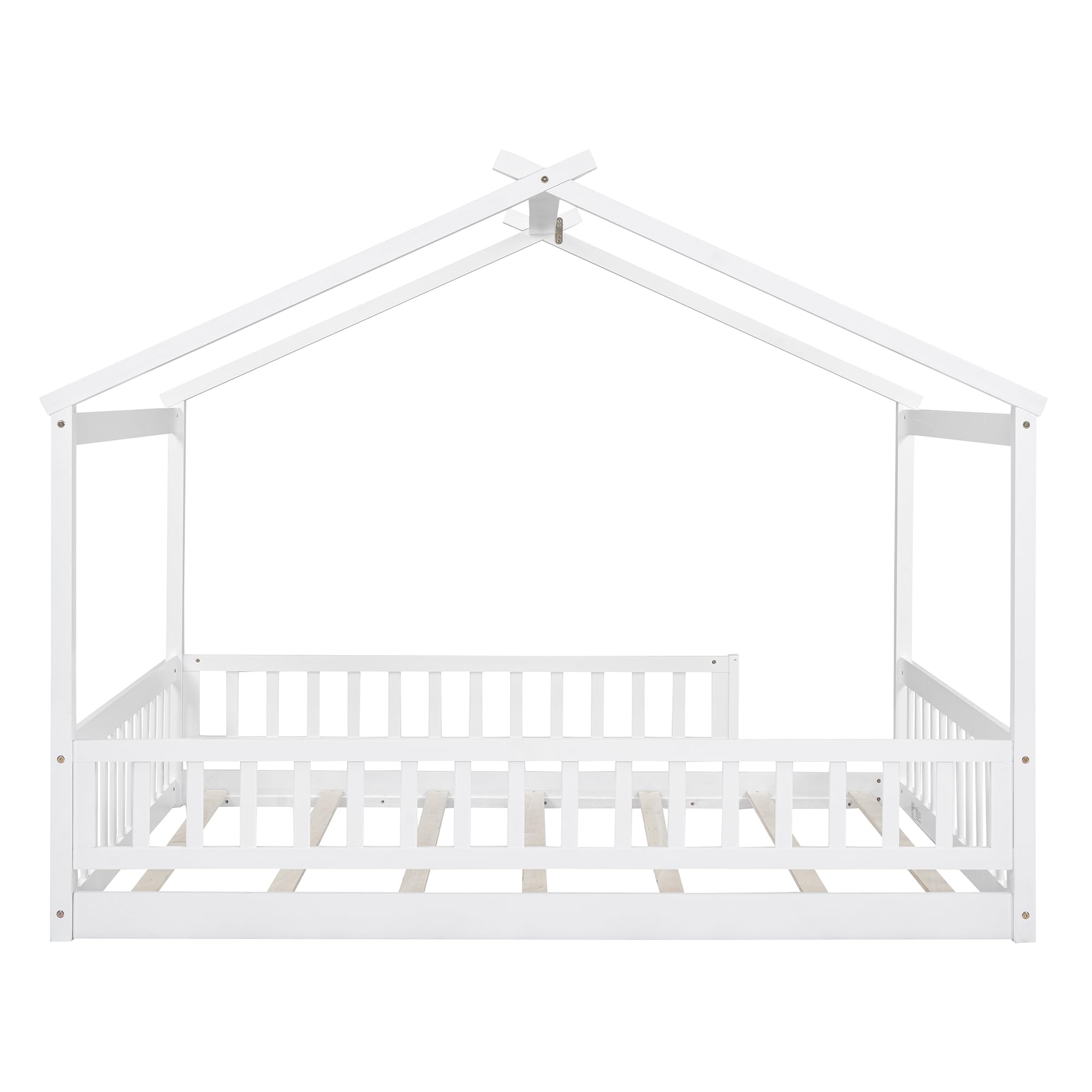 Harper & Bright Designs Full House Bed with Rails,Full Floor Bed for Kids,Full Size Montessori Bed Frame with Support Slats,Wooden Kids Full Playhouse Beds for Boys Girls(White)