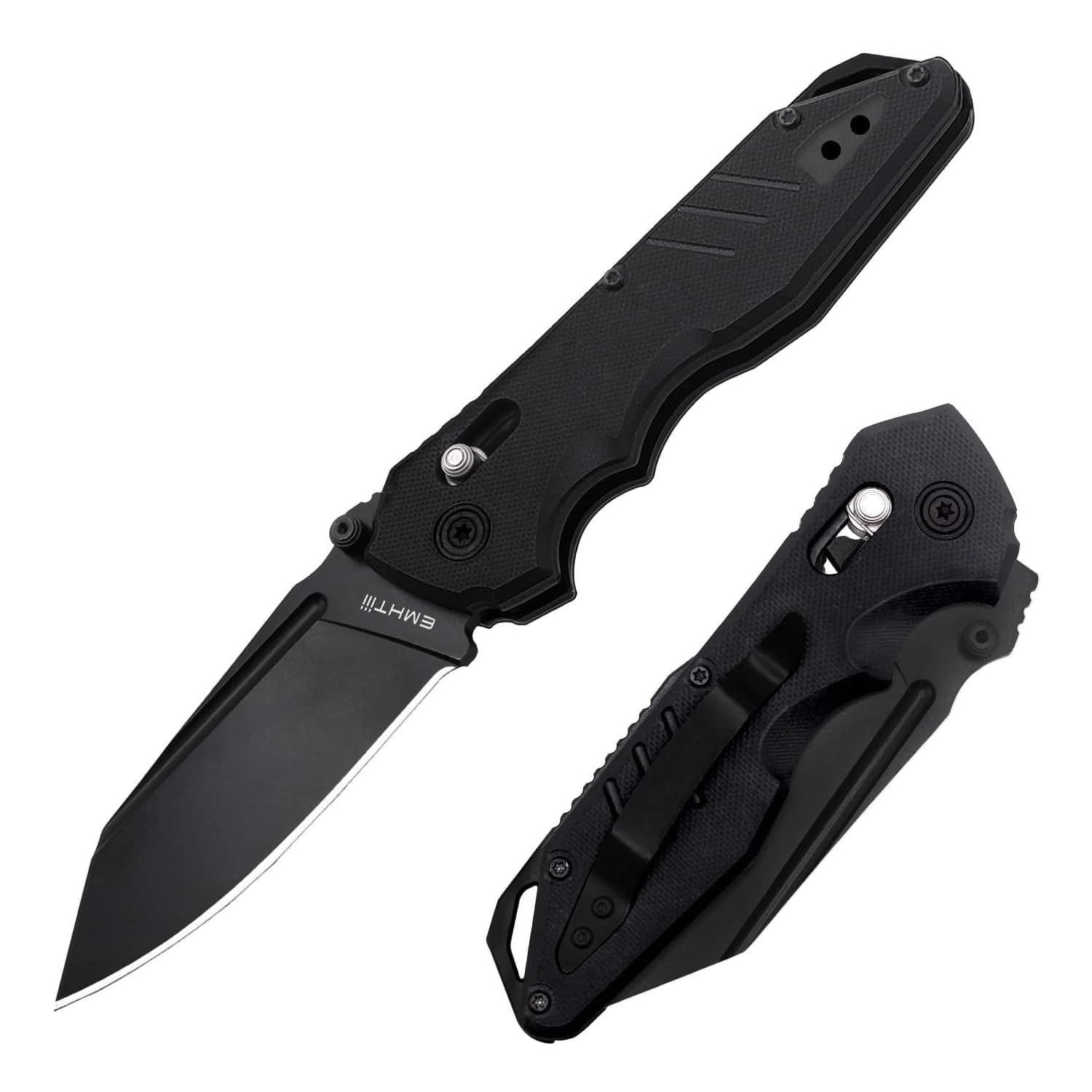 EMHTiii Pocket Folding Knife for Men: 3.93" Stainless Steel All Black Blade, Axis Lock, G10 Scales with Clip, EDC Knives Great for Outdoor, Camping, Hiking, EMH01N