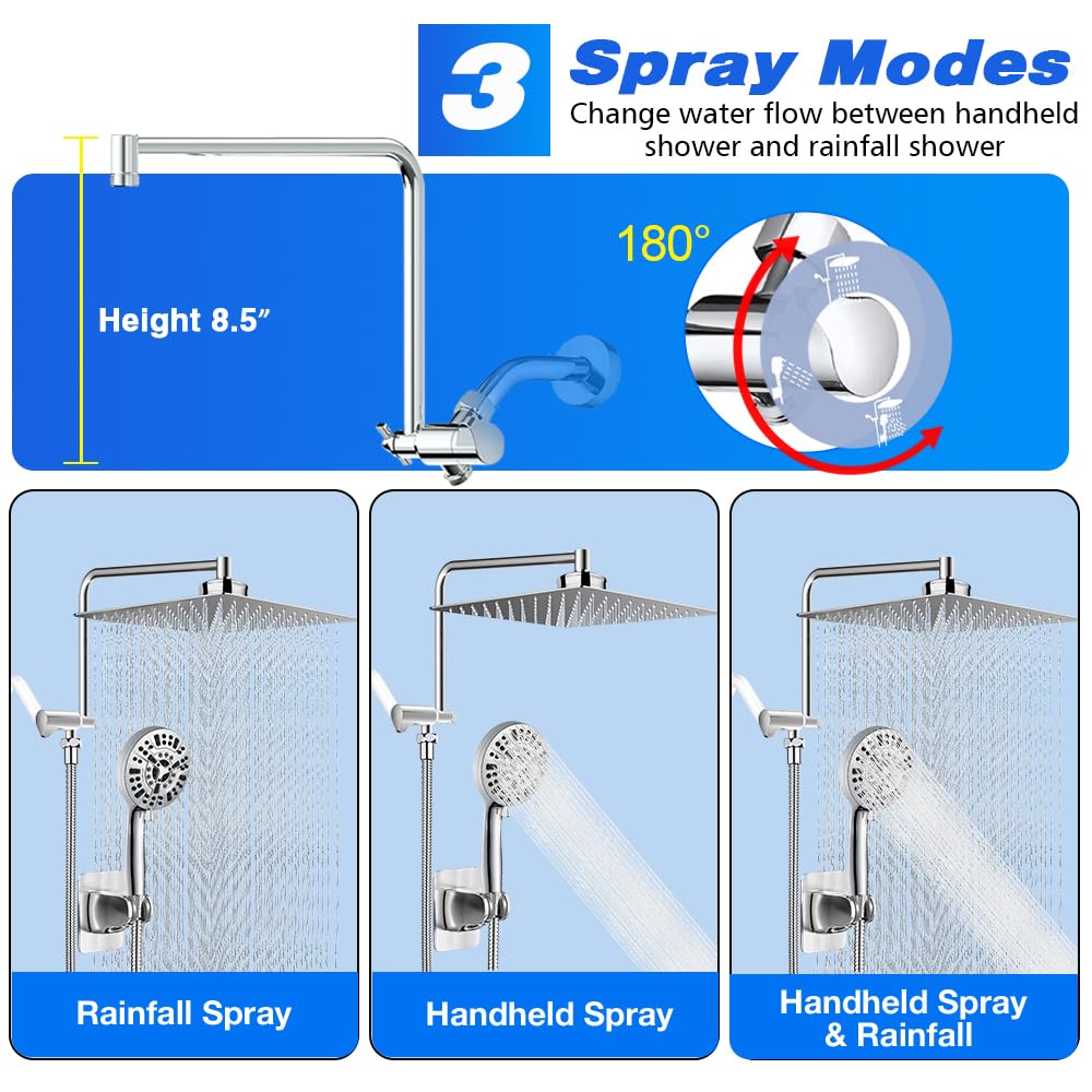 AMORIX Filtered Shower Head 12" Rain Shower Heads with Handheld Spray Combo 10 Settings Built-in 2 Power Wash, Dual Filter for Hard Water Rainfall Showerhead +12" Shower Extension Arm, 79" Shower Hose