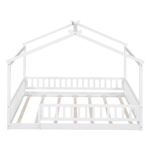 Harper & Bright Designs Full House Bed with Rails,Full Floor Bed for Kids,Full Size Montessori Bed Frame with Support Slats,Wooden Kids Full Playhouse Beds for Boys Girls(White)