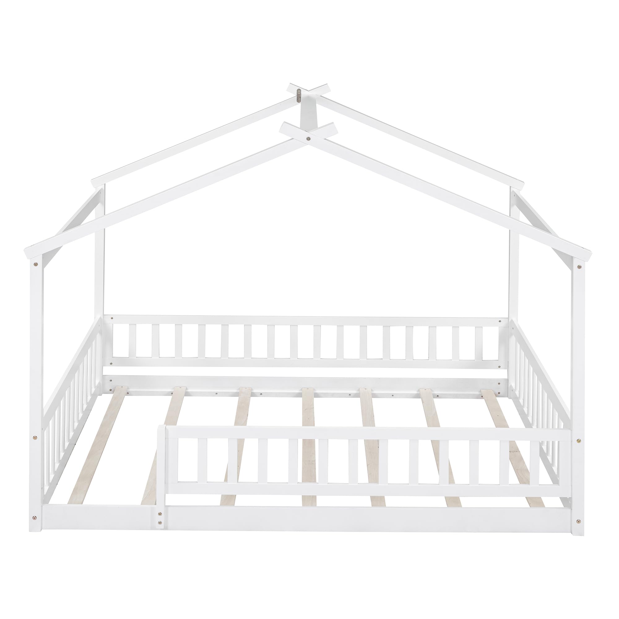 Harper & Bright Designs Full House Bed with Rails,Full Floor Bed for Kids,Full Size Montessori Bed Frame with Support Slats,Wooden Kids Full Playhouse Beds for Boys Girls(White)