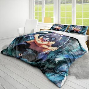 NICHIYOBI Demon Killer Inosuke Beast Breathing Inoko Duvet Cover Set 3D Bedding Comforter Cover 3 Pcs (1 Duvet Cover+2 Pillowcases) Bedding Set (11,Full-80x90in+20x30in*2)