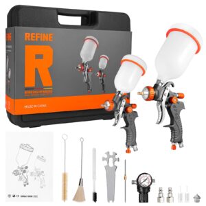 refine hvlp air gravity spray gun sets, 2-spray paint gun, 1.0mm 100ml & 1.4/1.7mm 600ml auto paint sprayer gun with air regulator for car paint, primer, topcoat & touch-up, furniture, house painting.