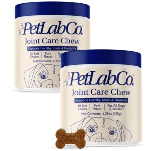 petlab co. joint care chews - high levels of glucosamine for dogs, green lipped mussels, omega 3 and turmeric - dog hip and joint supplement to actively support mobility (value 2 pack)