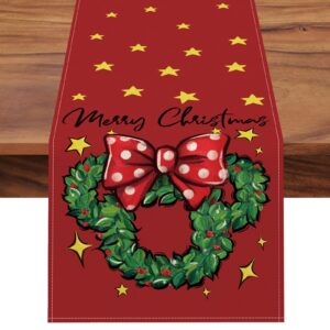 seliem merry christmas wreath table runner, xmas red polka dot bow stars kitchen dining table decor, winter holiday farmhouse home decoration indoor outdoor party supply 13 x 72 inches