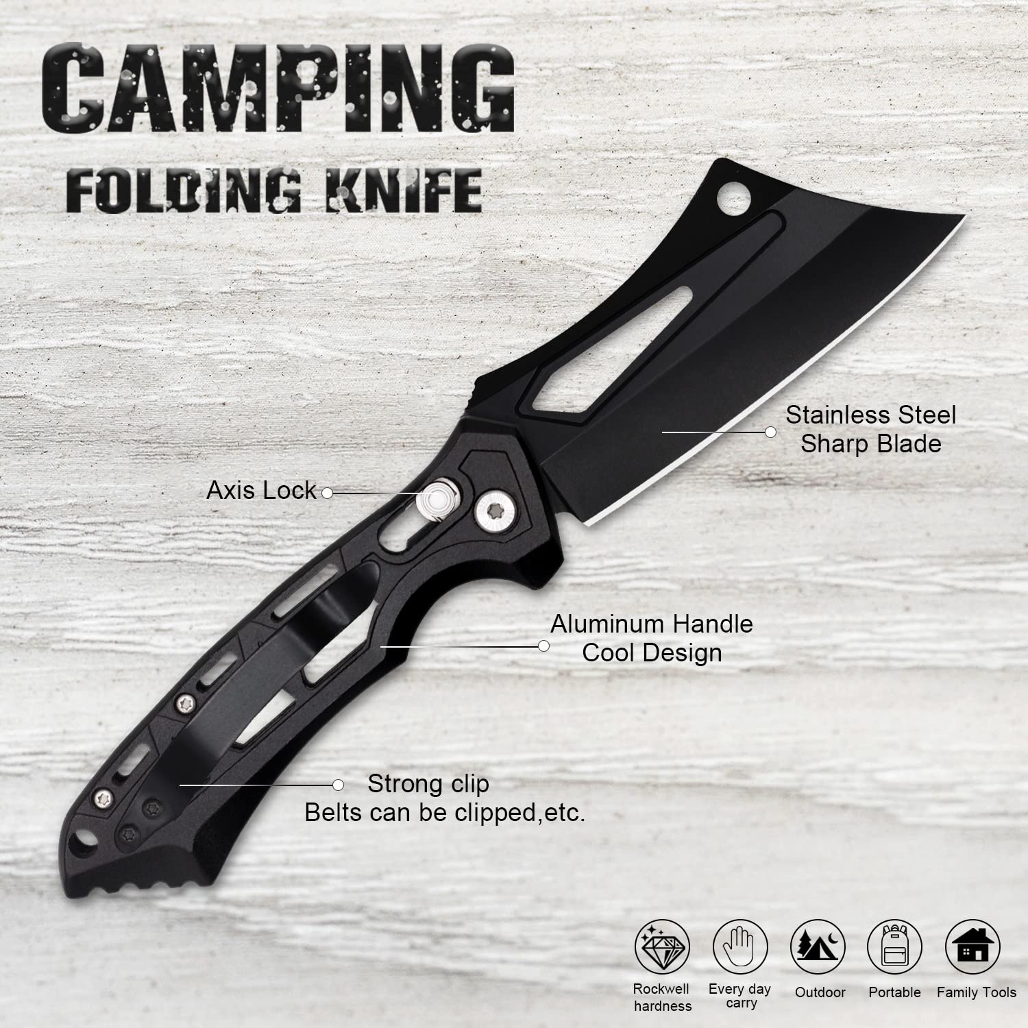 EMHTiii Cleaver Pocket Folding Knife for Men - 3.54" Stainless Steel Black Blade, Aluminum Handle with Clip, EDC Knives for Outdoor, Camping