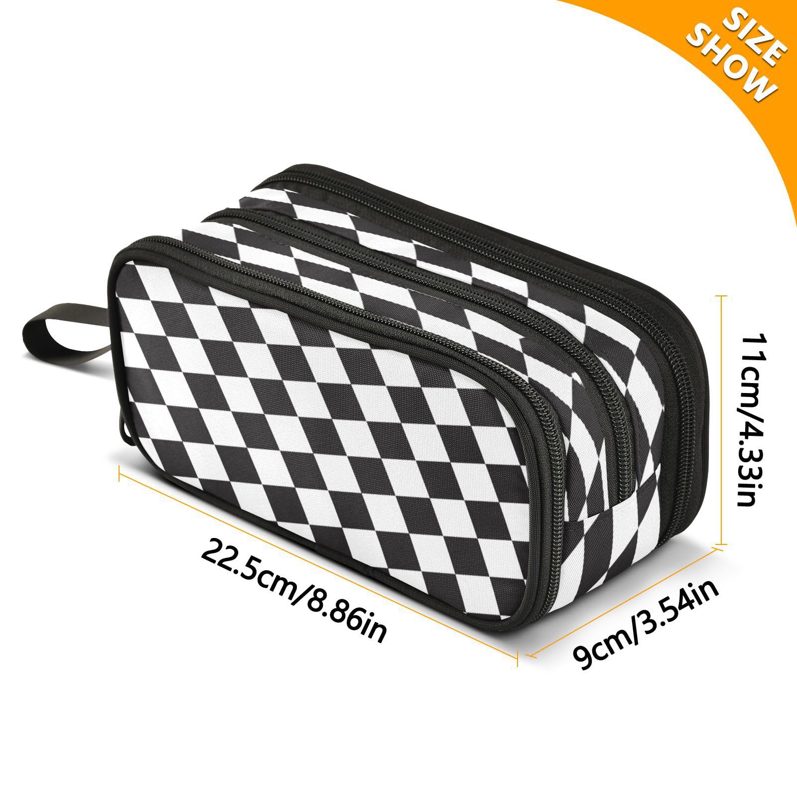 Wfrish Large Pencil Case,Black White Checkered Big Capacity Pencil Pouch 3 Compartments,Zipper Pencil Box, Back to School Supplies for Teen Girls Boy Student College Adults,Travel Essentials