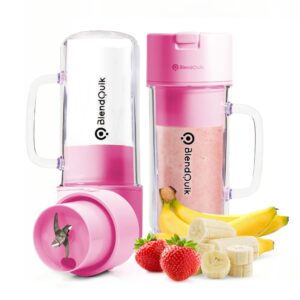 blendquik, personal portable blender for shakes & smoothies, leakproof & stylish portable mason jar shaker, rechargeable mini blender with 10-blade blending system 14oz, pink