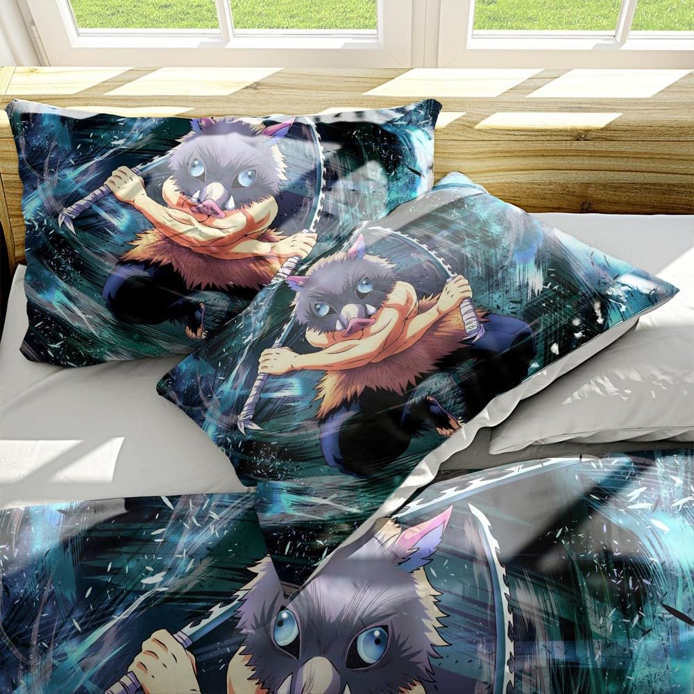 NICHIYOBI Demon Killer Inosuke Beast Breathing Inoko Duvet Cover Set 3D Bedding Comforter Cover 3 Pcs (1 Duvet Cover+2 Pillowcases) Bedding Set (11,Full-80x90in+20x30in*2)