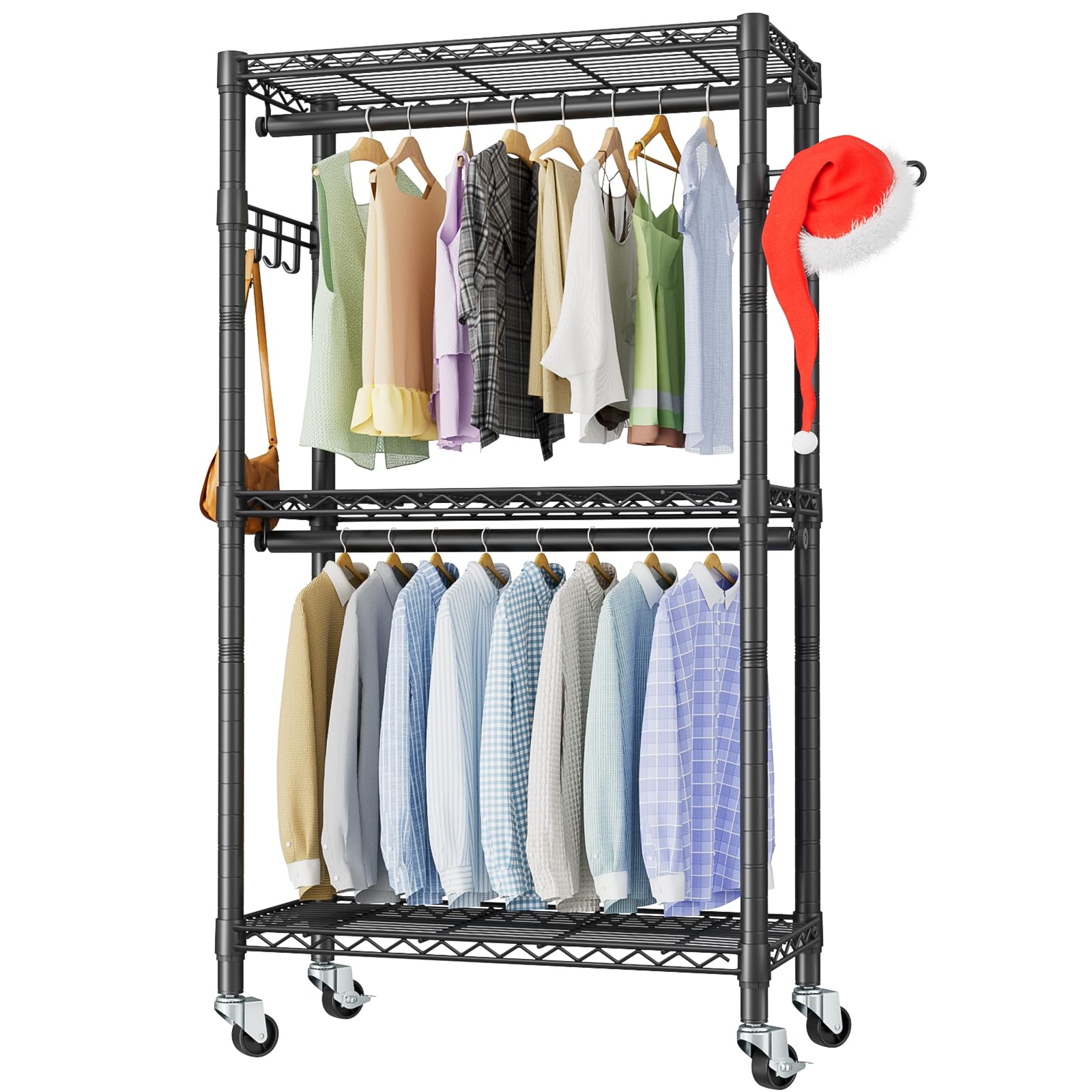 Heavy Duty Clothes Rack Rolling Garment Rack,3 Tier Adjustable Wire Shelving Clothing Racks for Hanging Clothes with Double Rods&Side Hooks,Freestanding Wardrobe Storage Rack Metal Portable Closet