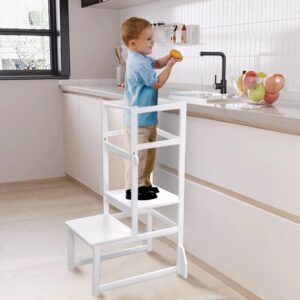 finikis toddler step stool toddler kitchen stool, adjustable-height toddler tower stool kitchen wooden helper step stools for kids, white