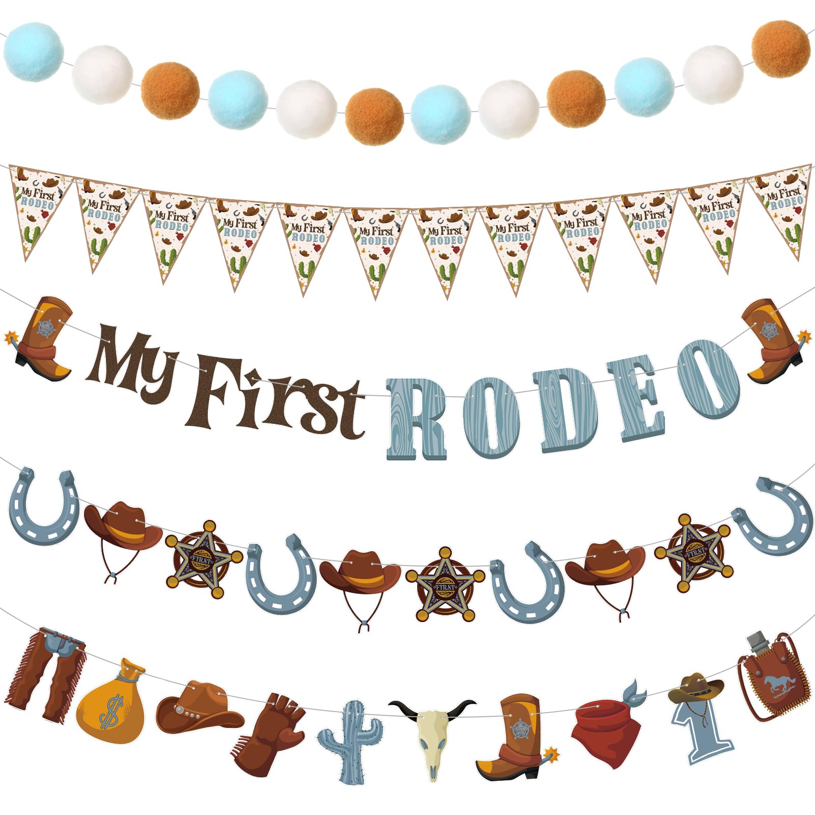 Peryiter My First Rodeo Decorations Boy Cowboy 1st Birthday Party Decorations 5 Pieces My First Rodeo Banner Cowboy Baby Shower Decorations for Boy Rodeo Birthday Party Supplies