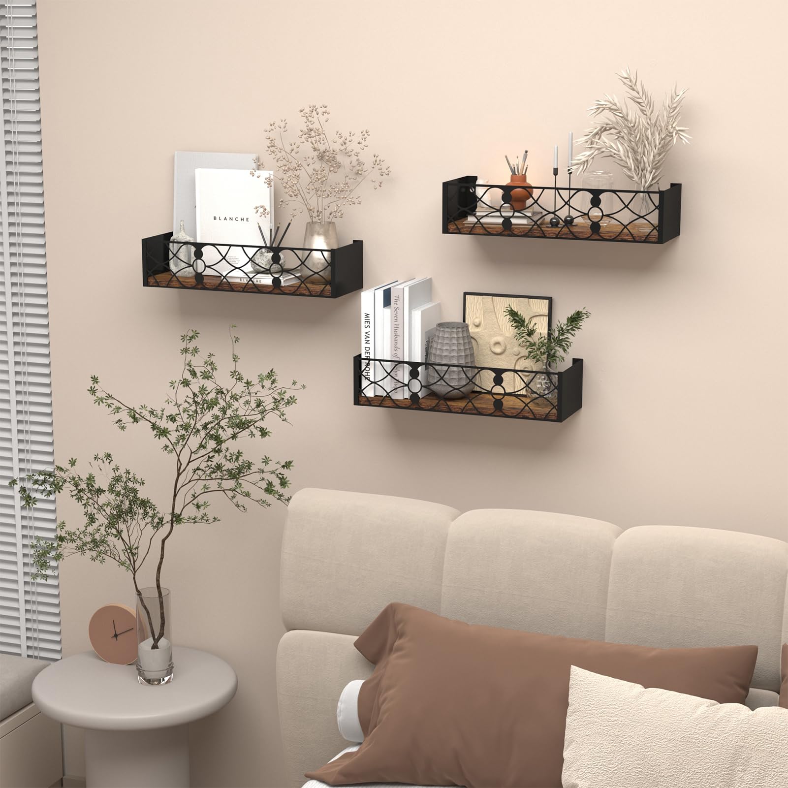 Serwrsw Black Floating Shelves with Removable Insert Plate Set of 3, Wooden Display Shelves, Rustic Decorative Wall Shelves for Living Room, Bedroom, Kitchen