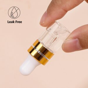 Comrzor 50 Pack 2ml Clear Glass Dropper Bottles with 2 Pcs Plastic Droppers, Mini Sample Dropper Bottles for Essential Oils Perfume Cosmetic Liquid, Empty Travel Sample Vials with Gold Cap