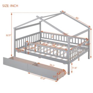 Full House Bed for Kids, Montessori Bed Full Size Platform Bed Frame with 2 Storage Drawers, Guardrails and Roof, Solid Wood Full Storage Bed for Girls & Boys (Full, Gray)