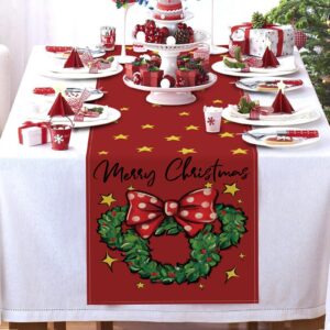 Seliem Merry Christmas Wreath Table Runner, Xmas Red Polka Dot Bow Stars Kitchen Dining Table Decor, Winter Holiday Farmhouse Home Decoration Indoor Outdoor Party Supply 13 x 72 Inches