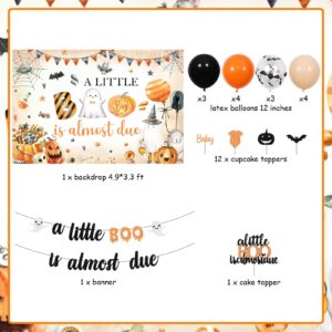 JOYMEMO Orange and Black Halloween Baby Shower Decorations, A Little Boo is Almost Due Backdrop, Banner, Cake Topper with Cupcake Toppers for Women Boy Girl He or She Gender Reveal Party Supplies