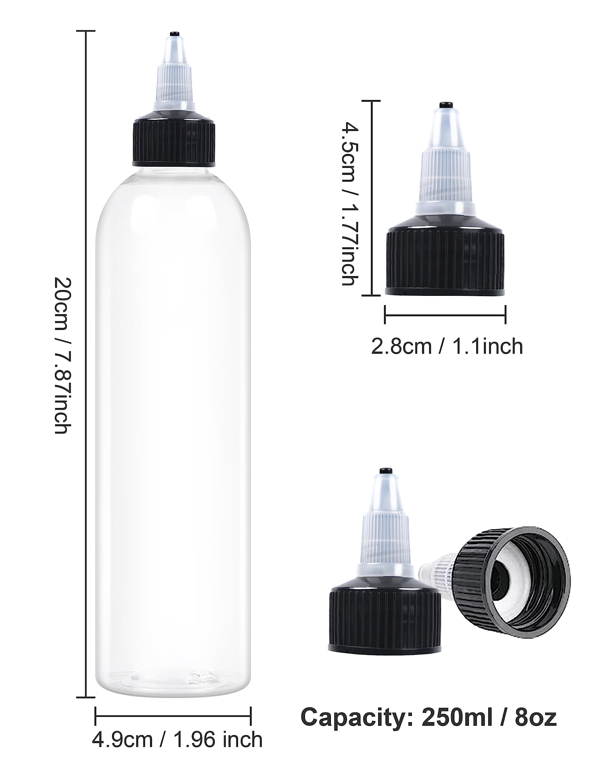 EOSAU 12Pcs 8oz Squeeze Bottles with Black Twist Top Cap, 250ml Clear Dispensing Bottles, Empty Refillable Bottle for Hair Oil Inks, Crafts, Liquids