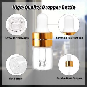 Comrzor 50 Pack 2ml Clear Glass Dropper Bottles with 2 Pcs Plastic Droppers, Mini Sample Dropper Bottles for Essential Oils Perfume Cosmetic Liquid, Empty Travel Sample Vials with Gold Cap