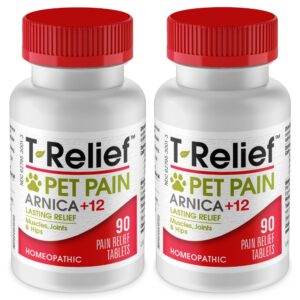 t-relief pet pain relief arnica +12 powerful natural medicines help ease muscle joint & hip pain soreness stiffness & injuries max fast-acting soother for dogs & cats - 90 tablets (2 pack)