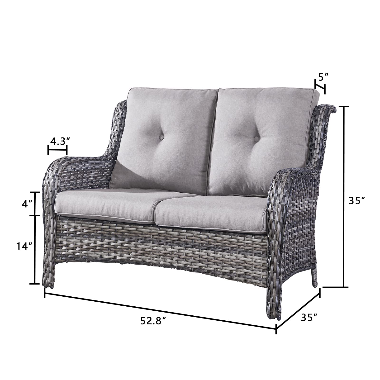 Patio Loveseat Wicker Outdoor Couch - 2-Seater Rattan Patio Sofa with Deep Seating and Comfortable Cushions for Outside Porch Deck Poolside Balcony(Mixed Grey Wicker/Grey Cushion)