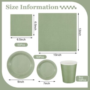 Dandat 200 Pcs Sage Green Dinnerware Set Sage Party Supplies 50 Pcs 7'' Disposable Plates 50 Pcs 9'' Paper Plates 50 Pcs Paper Cups 50 Pcs Napkins for Birthday Baby Shower Wedding Party (Sage Green)