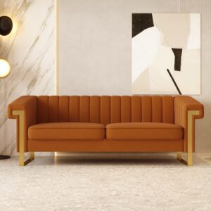 yunqishi jingdian mid-century modern orange velvet sofa with gold metal legs, 83.86" luxury chesterfield comfy orange couches for living room (velvet, orange)