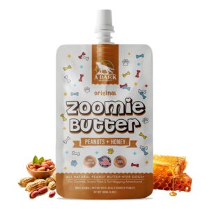 zoomie butter original all natural dog peanut butter squeeze. human grade, healthy dog treat/dog food. peanuts & honey for puppy training, behavior aid, pet enrichment toys, grown & made in usa