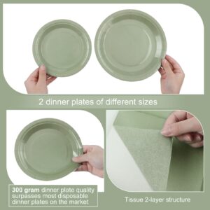 Dandat 200 Pcs Sage Green Dinnerware Set Sage Party Supplies 50 Pcs 7'' Disposable Plates 50 Pcs 9'' Paper Plates 50 Pcs Paper Cups 50 Pcs Napkins for Birthday Baby Shower Wedding Party (Sage Green)