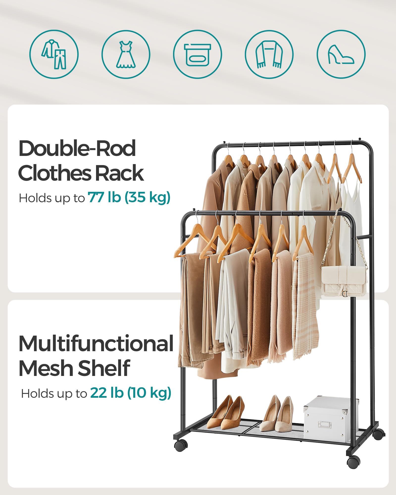 SONGMICS Double Rods Clothes Rack with Wheels, Clothing Rack for Hanging Clothes, Heavy Duty Garment Rack with Mesh Storage Shelf, 2 Brakes, Each Top Rail Holds up to 77 lb, Black UHSR26BKV1