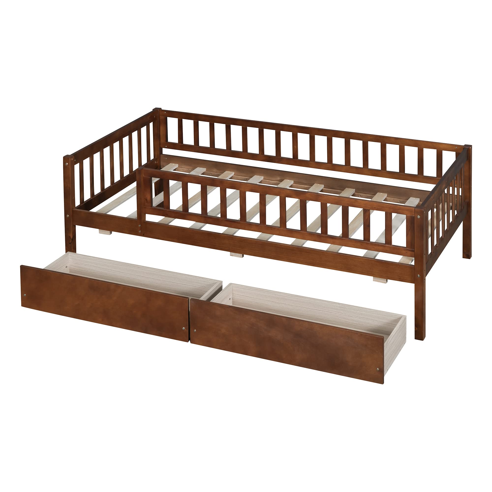 Harper & Bright Designs Twin Daybed with Two Drawers, Wood Twin Size Bed Frame with Fence Rails and Storage,Montessori Twin Bed for Kids Girls Boys,No Box Spring Needed,Walnut