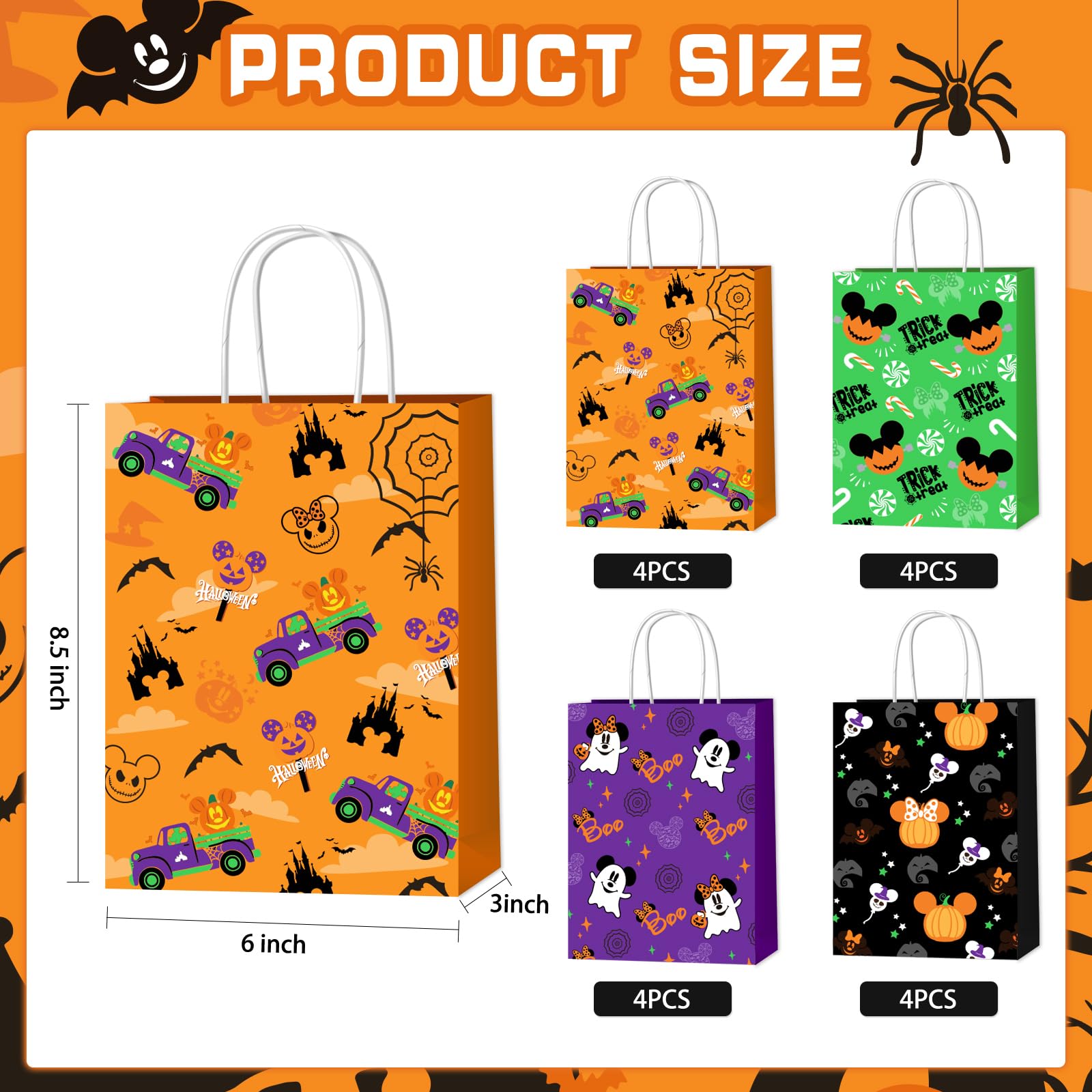 GPWXYYY 16Pcs Mouse Halloween Decorations, 4 Styles Mouse Themed Halloween Party Favors Bags with Handles for Halloween Party Goodie Bags for Halloween Party Supplies