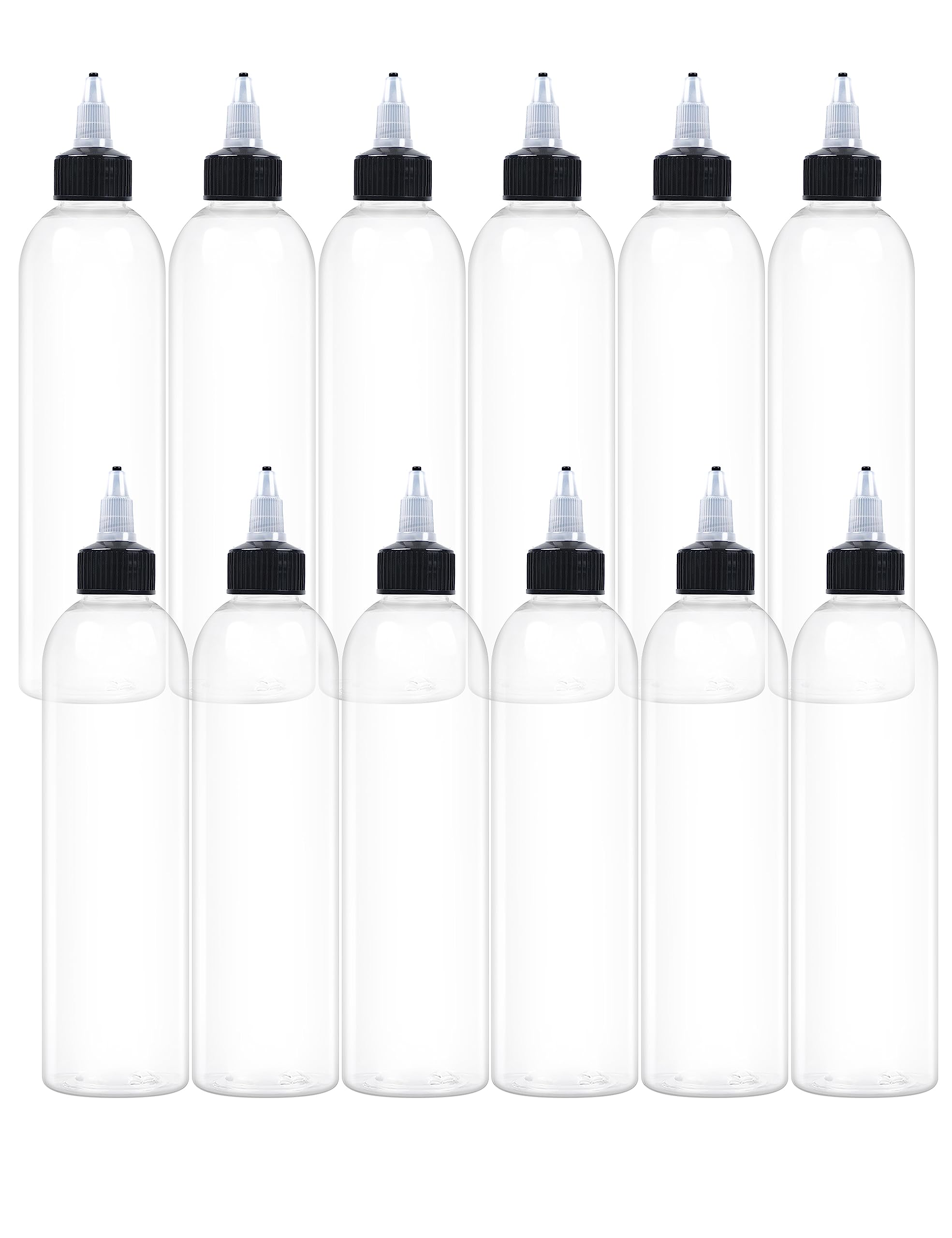 EOSAU 12Pcs 8oz Squeeze Bottles with Black Twist Top Cap, 250ml Clear Dispensing Bottles, Empty Refillable Bottle for Hair Oil Inks, Crafts, Liquids