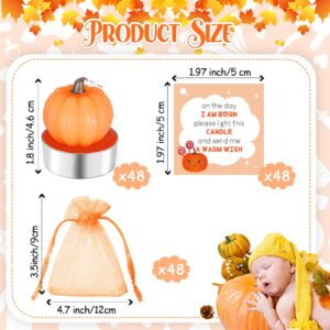 MTLEE 48 Sets Baby Shower Favors Include 48 Succulent Pumpkin Shaped Candles Fall Mini Plants Tea Lights Candles with 48 Invitations Cards and 48 Organza Bags for Baby Gender Reveal Guests(Pumpkin)