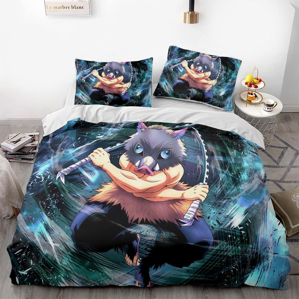 NICHIYOBI Demon Killer Inosuke Beast Breathing Inoko Duvet Cover Set 3D Bedding Comforter Cover 3 Pcs (1 Duvet Cover+2 Pillowcases) Bedding Set (11,Full-80x90in+20x30in*2)