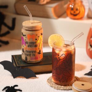 WODOHOLO Halloween Ghosts Iced Coffee Can Glass Gifts Halloween Drinking Glass Cup with Lid and Straw, 16oz Halloween Tumbler Beer Can Glass, Halloween Gifts, Halloween Decorations