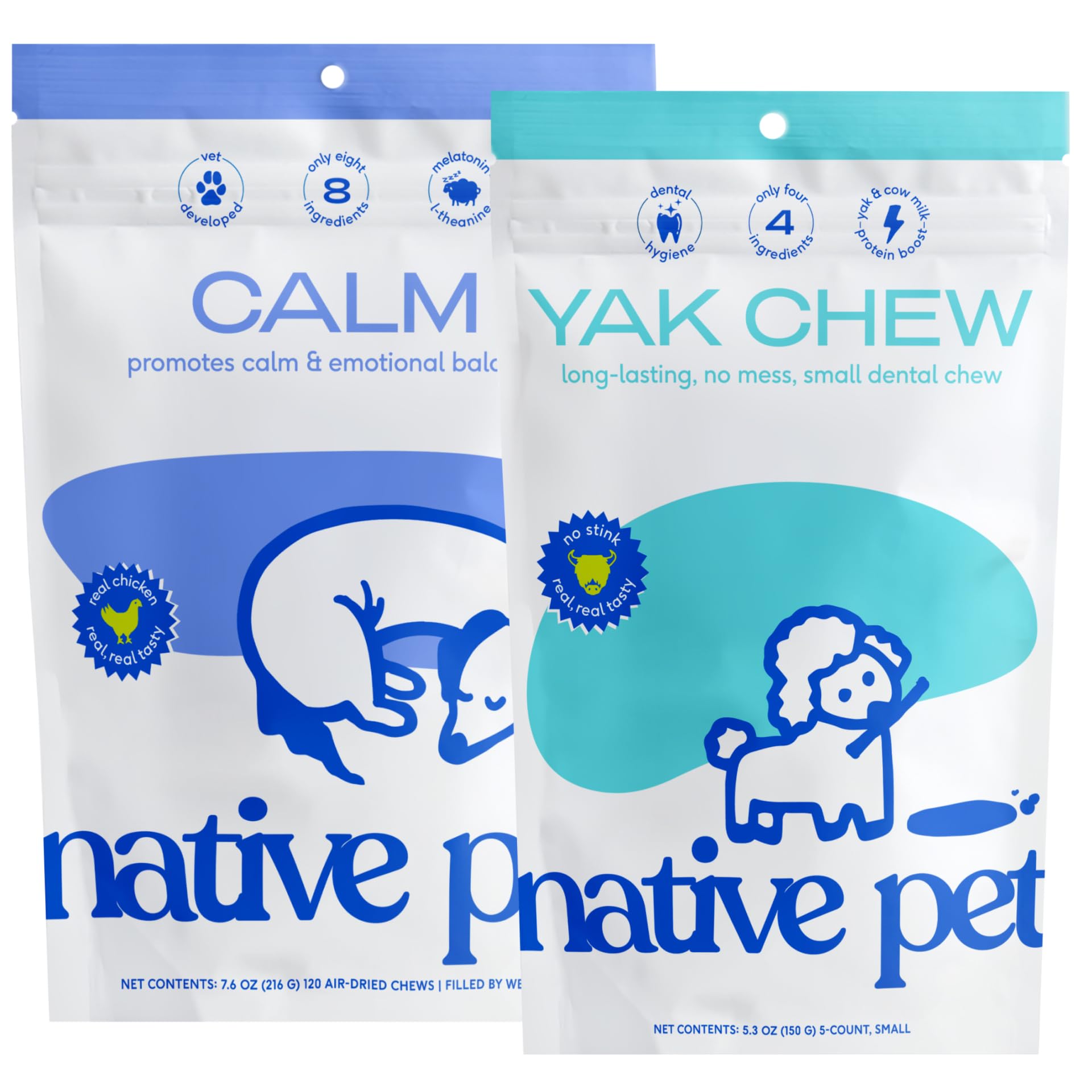 Native Pet Dog Calming Chews (60 Chews) & Yak Chews for Dogs (5 Small Chews)