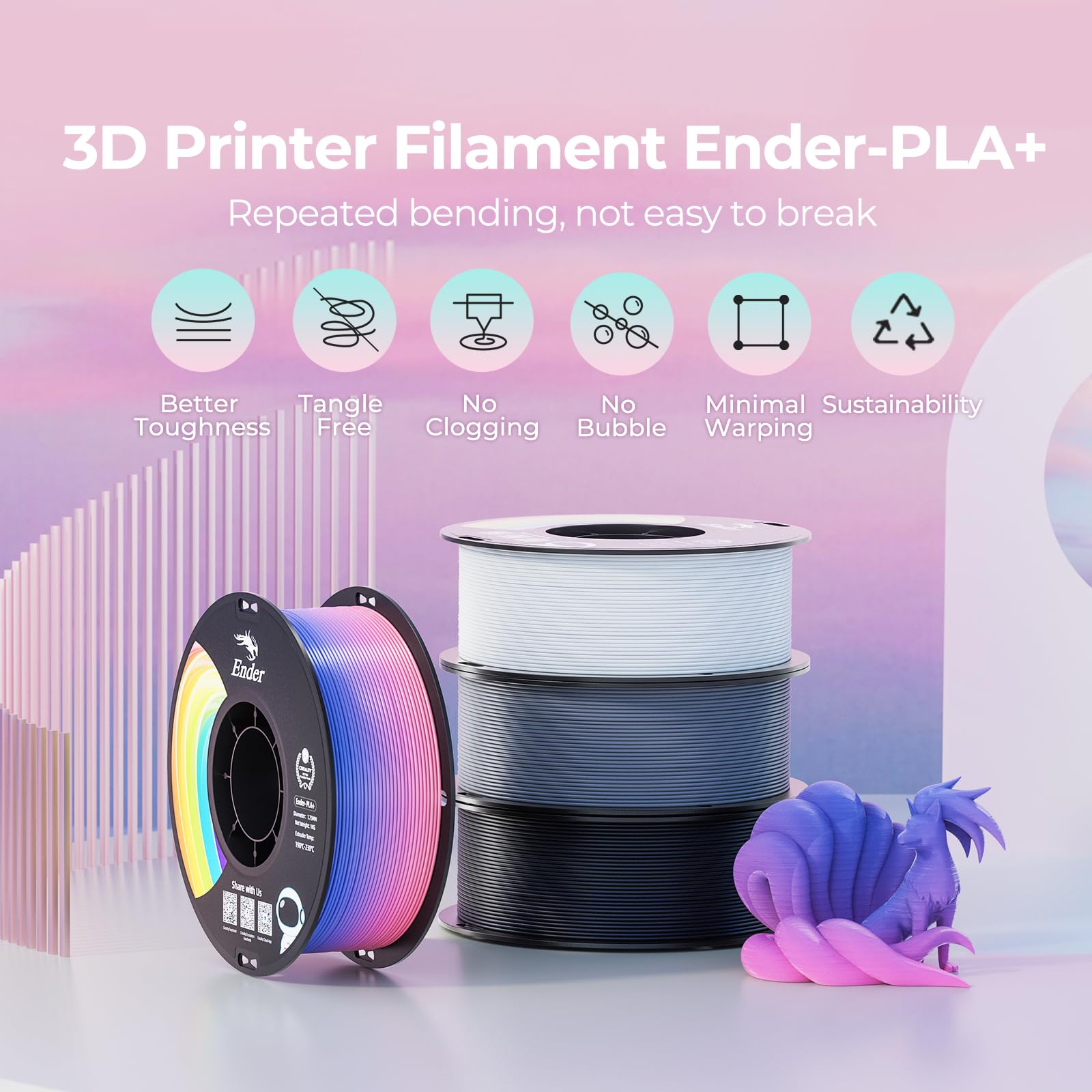 Creality 3D Printer Filament 1.75mm, Rainbow Upgrade PLA+ Filament Strong Toughness No-Tangling Vacuum Packaging 3D Printing Filament Fit Most 3D Printers, 1kg Spool, Accuracy +/- 0.02mm, Multi-Color